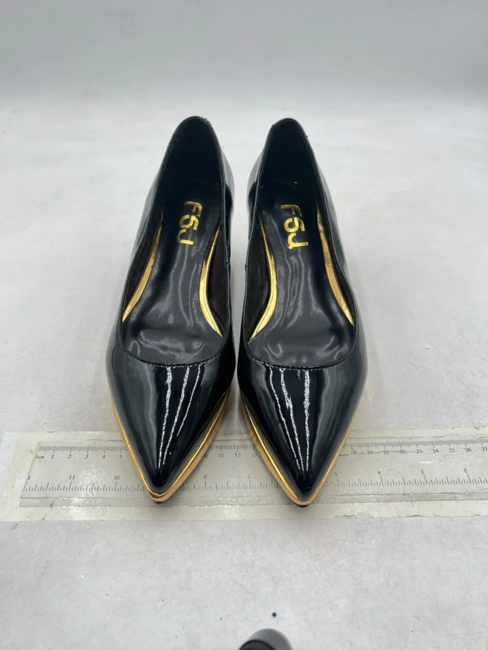FSJ | Shoes | Fsj Blackgold Trim Bridal Pointed Toe Block Low Heel ...